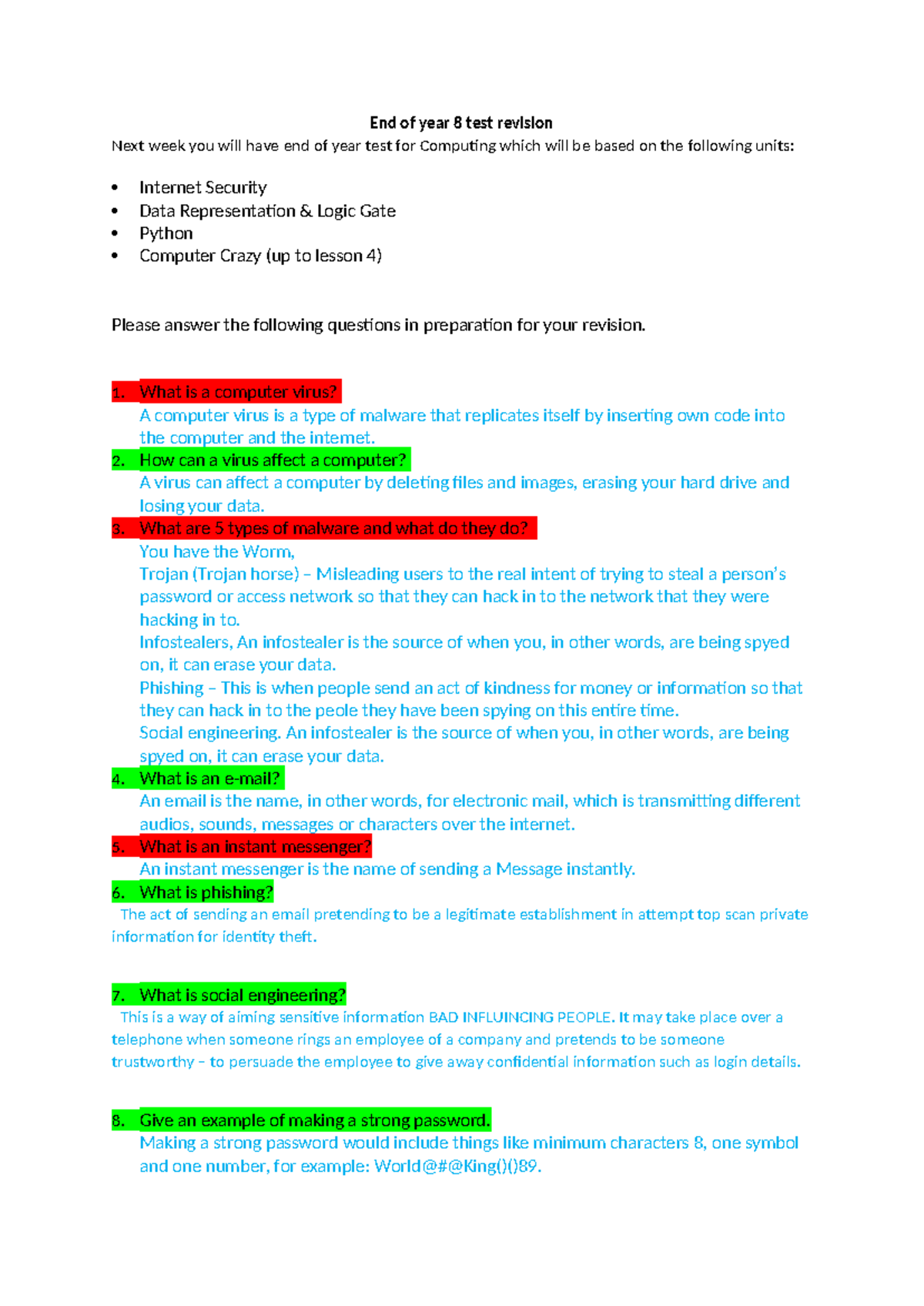 Computing Year 8 End of Year Test Revision Guide - Studocu