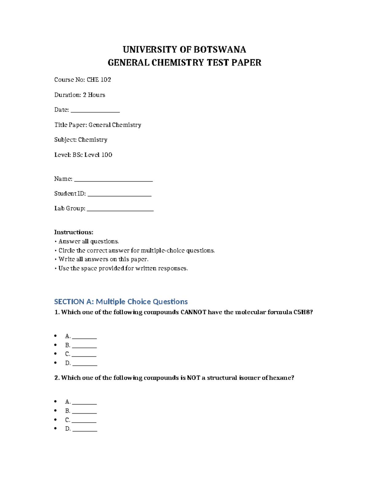 CHE 102 General Chemistry Test Paper - BSc Level 100 - Studocu