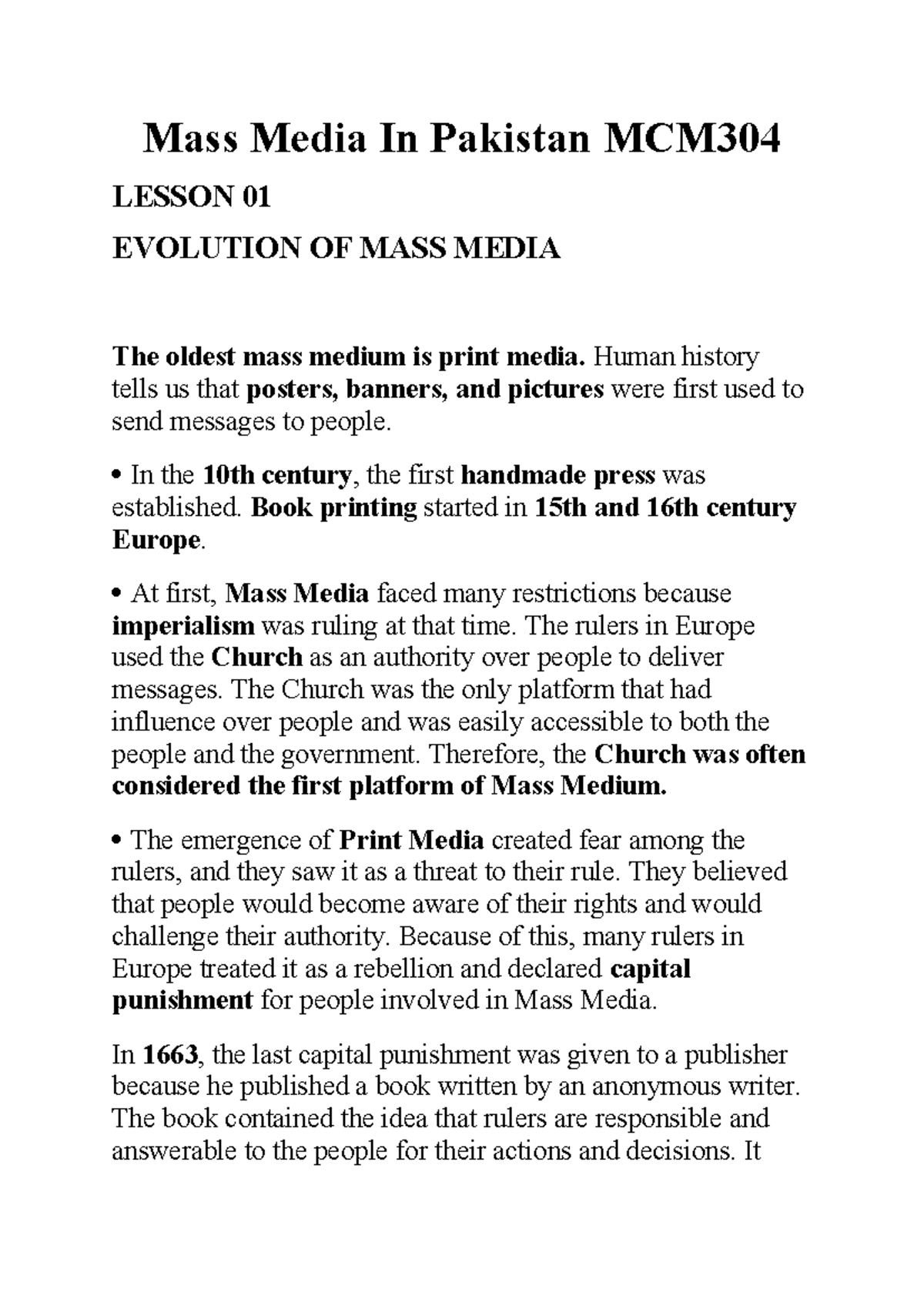 MCM304 Lesson 01: Evolution of Mass Media in Pakistan - Studocu