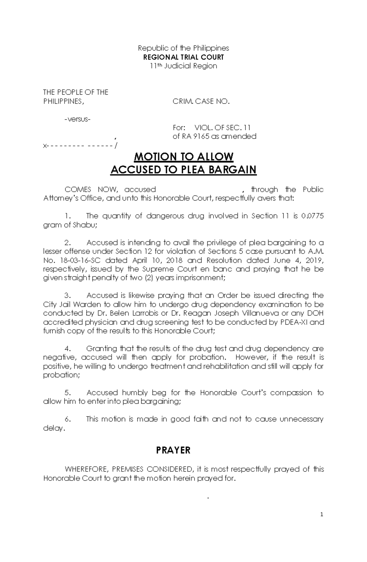 Motion for Plea Bargain: Sample Law Pleading in Criminal Case R-DVO-20 ...