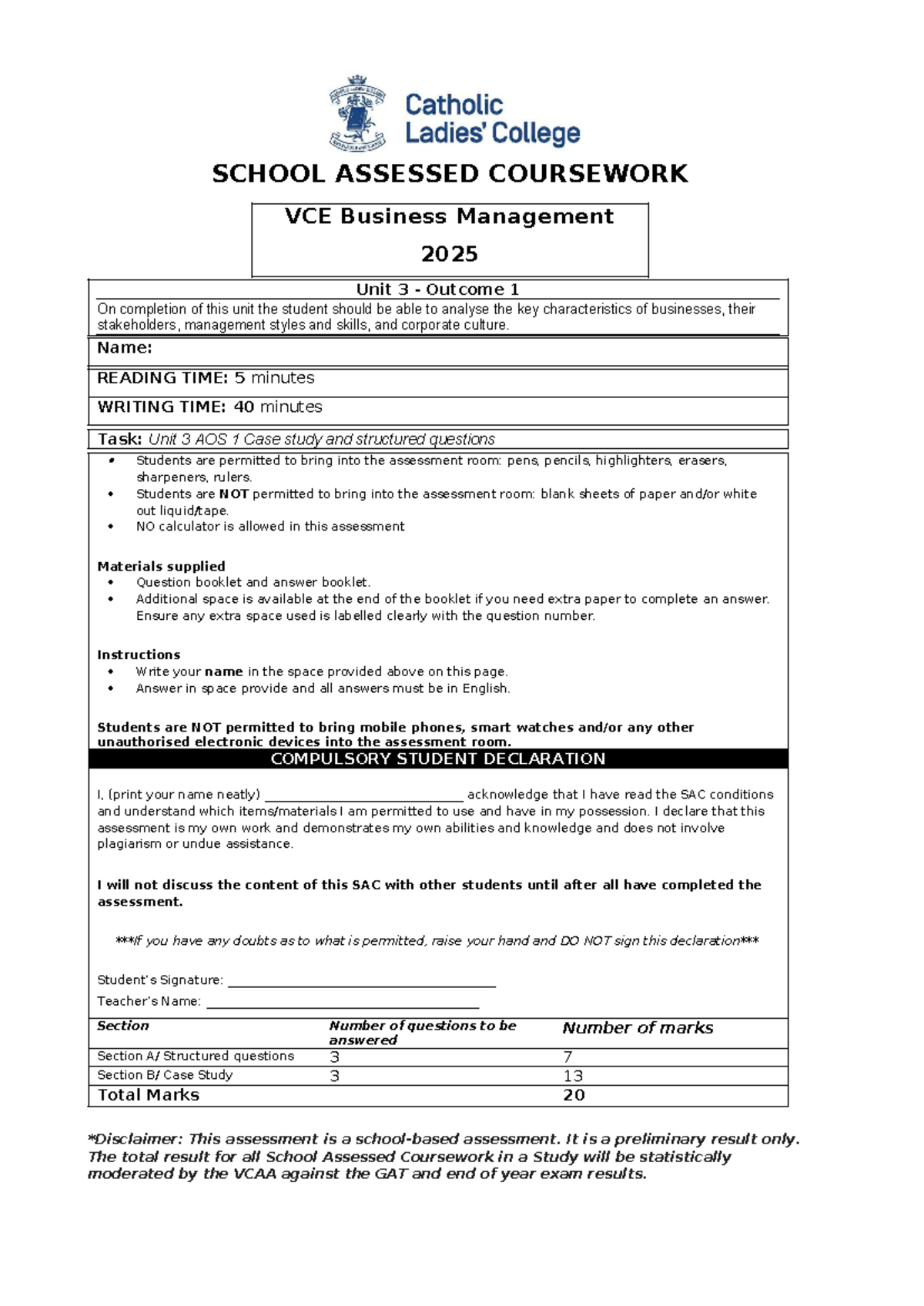 2025 VCE Business Management U3 AOS1 SAC Case Study & Questions - Studocu