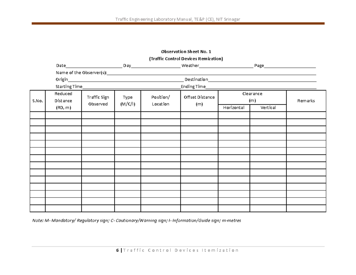 Observation Sheet (Traffic Control Devices) - Traffic Engineering ...