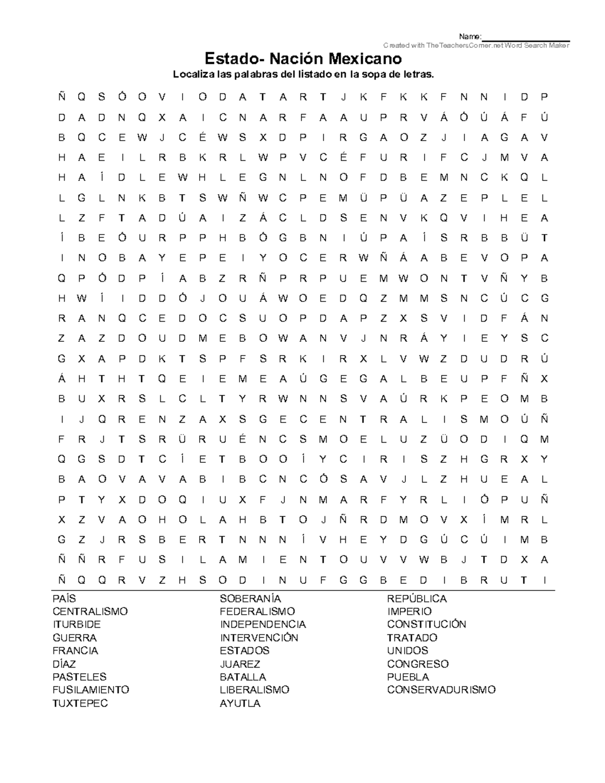 Sopa letras estado nación - Created with TheTeachersCorner Word Search ...