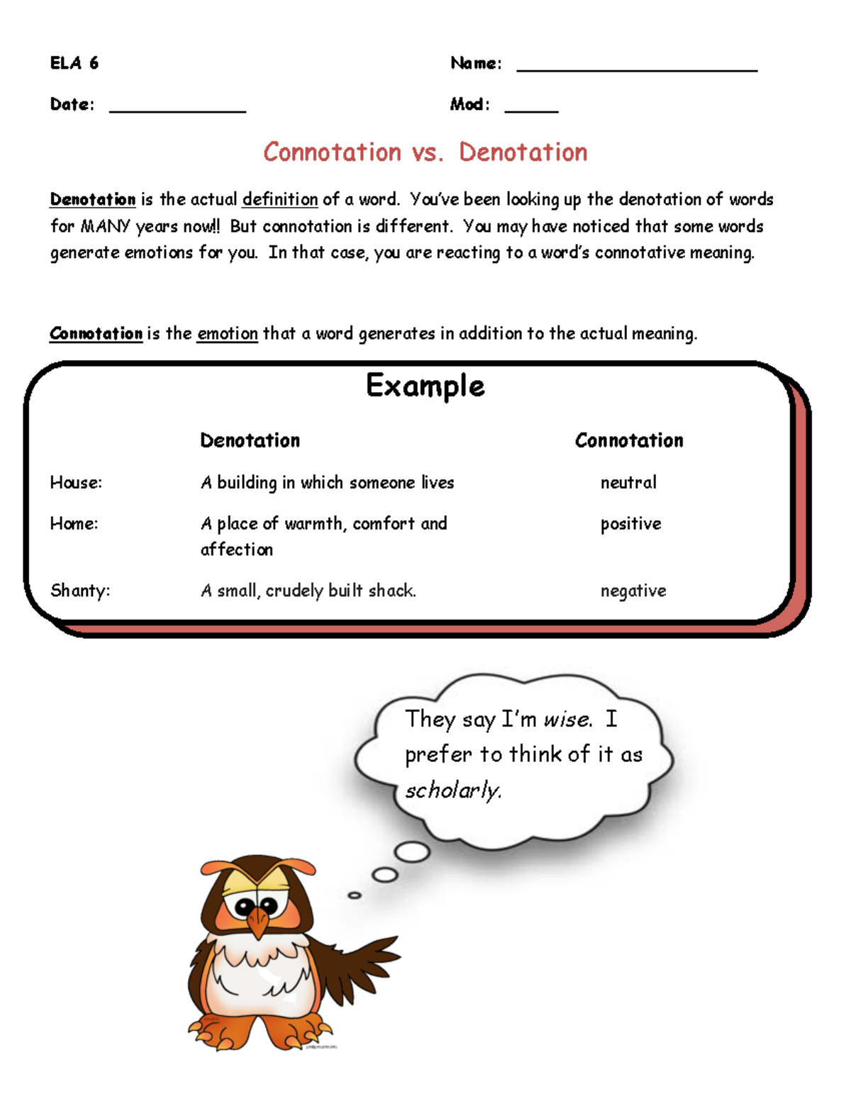 ELA 6 Connotation vs. Denotation: Understanding Word Meanings - Studocu