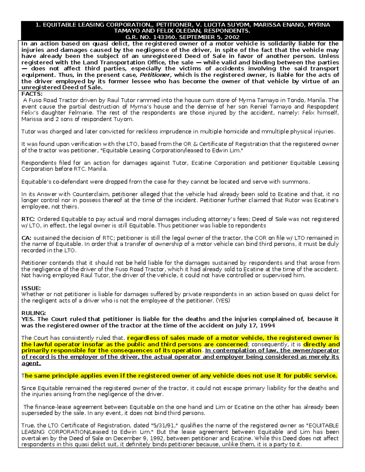 Equitable Leasing Corp. v. Suyom: Liability in Quasi Delict Case ...