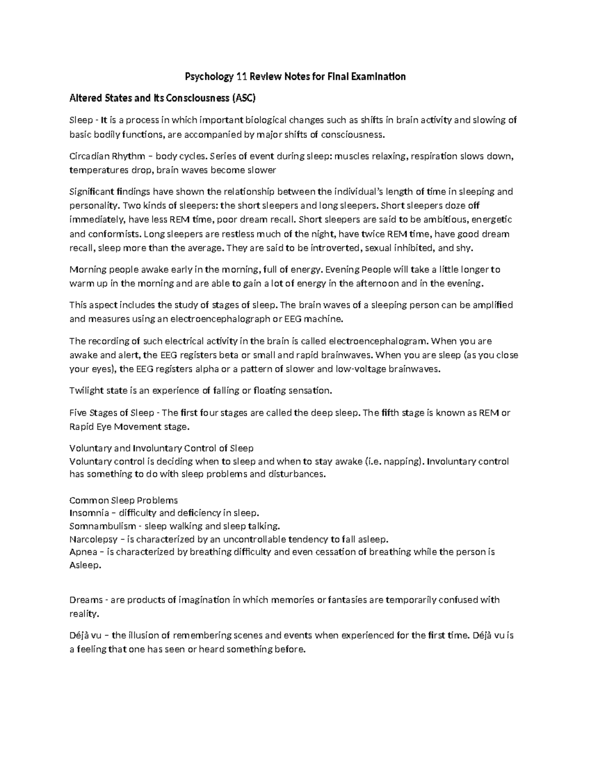 Psychology 11 Final Exam Review Notes: Altered States & Consciousness ...