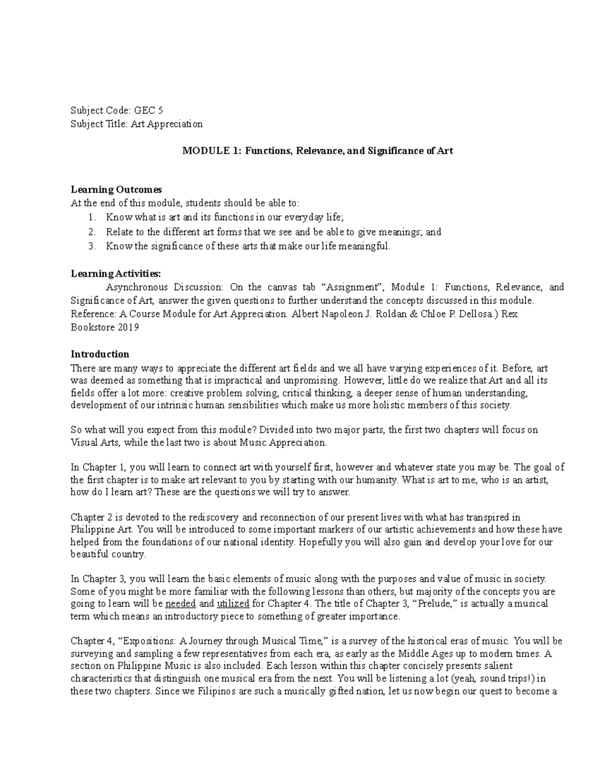 Module 1 That's Art, So What - Subject Code: GEC 5 Subject Title: Art ...