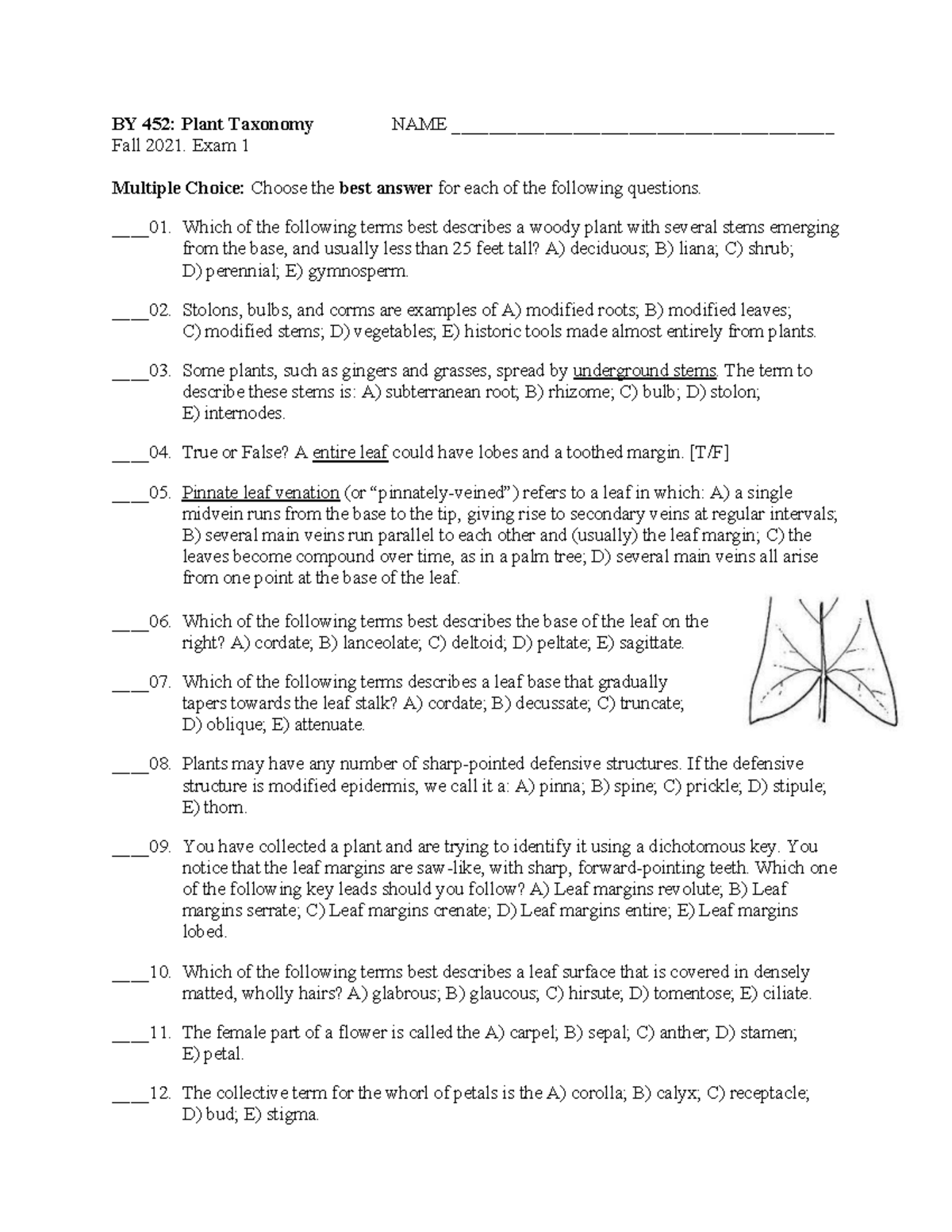 BY 452: Plant Taxonomy - Exam 1 Review Q&A Fall 2021 - Studocu