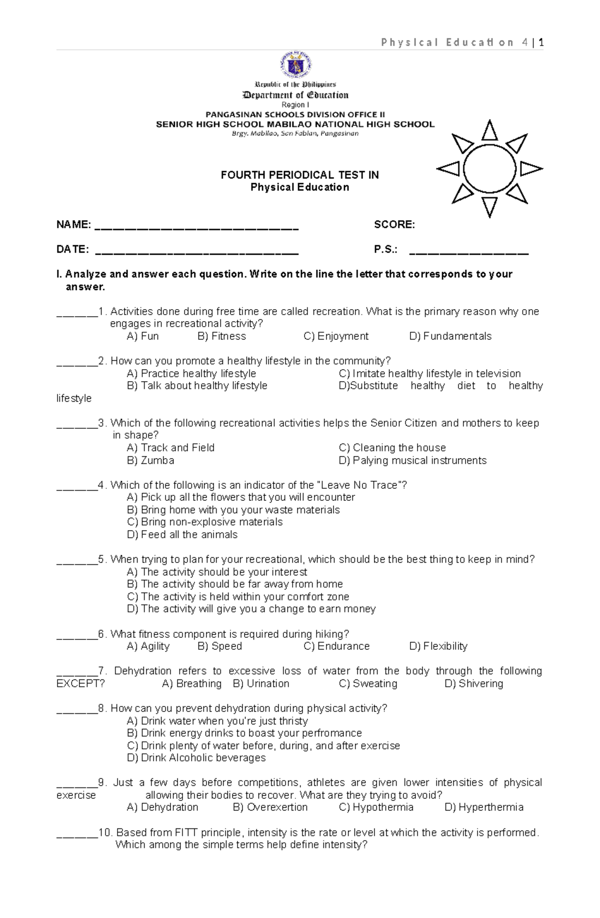 Fourth Periodical Test in Physical Education (PE101) - Studocu