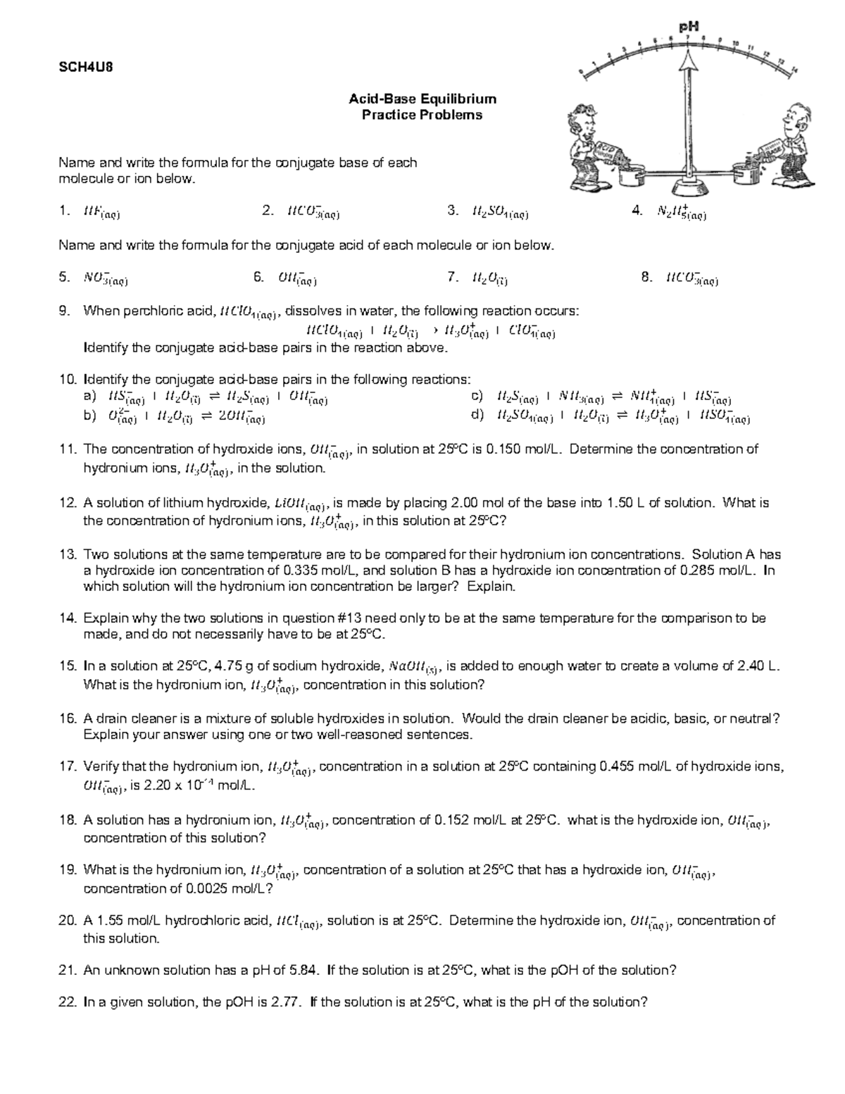 SCH4U8 Acid-Base Equilibrium Practice Problems and Solutions - Studocu