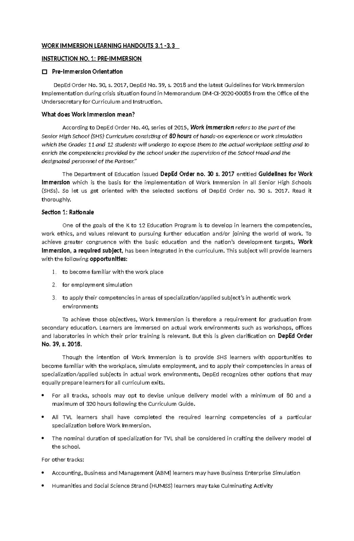 WORK IMMERSION MODULE: Guidelines, Safety, and Best Practices - Studocu