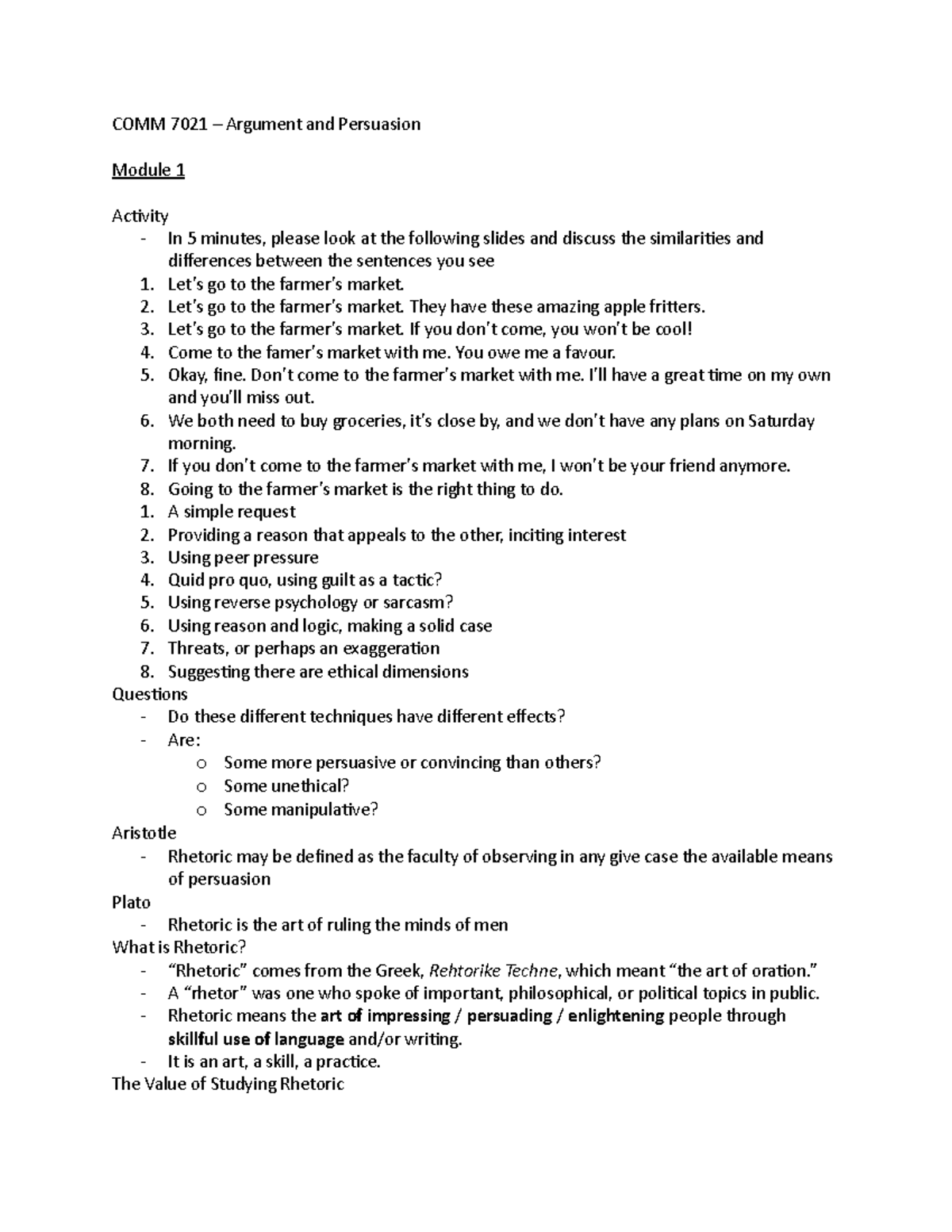 COMM 7021 - Module 1 - Lecture Notes on Argument & Persuasion - Studocu