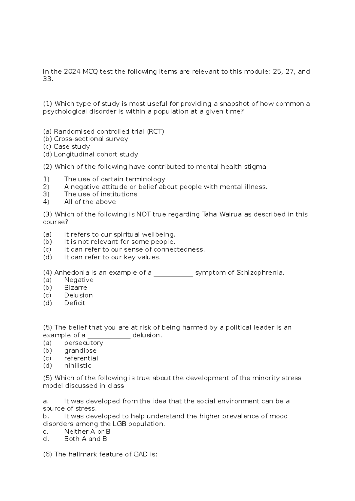 Practice Questions for 2025 MCQ Test on Psychological Disorders - Studocu