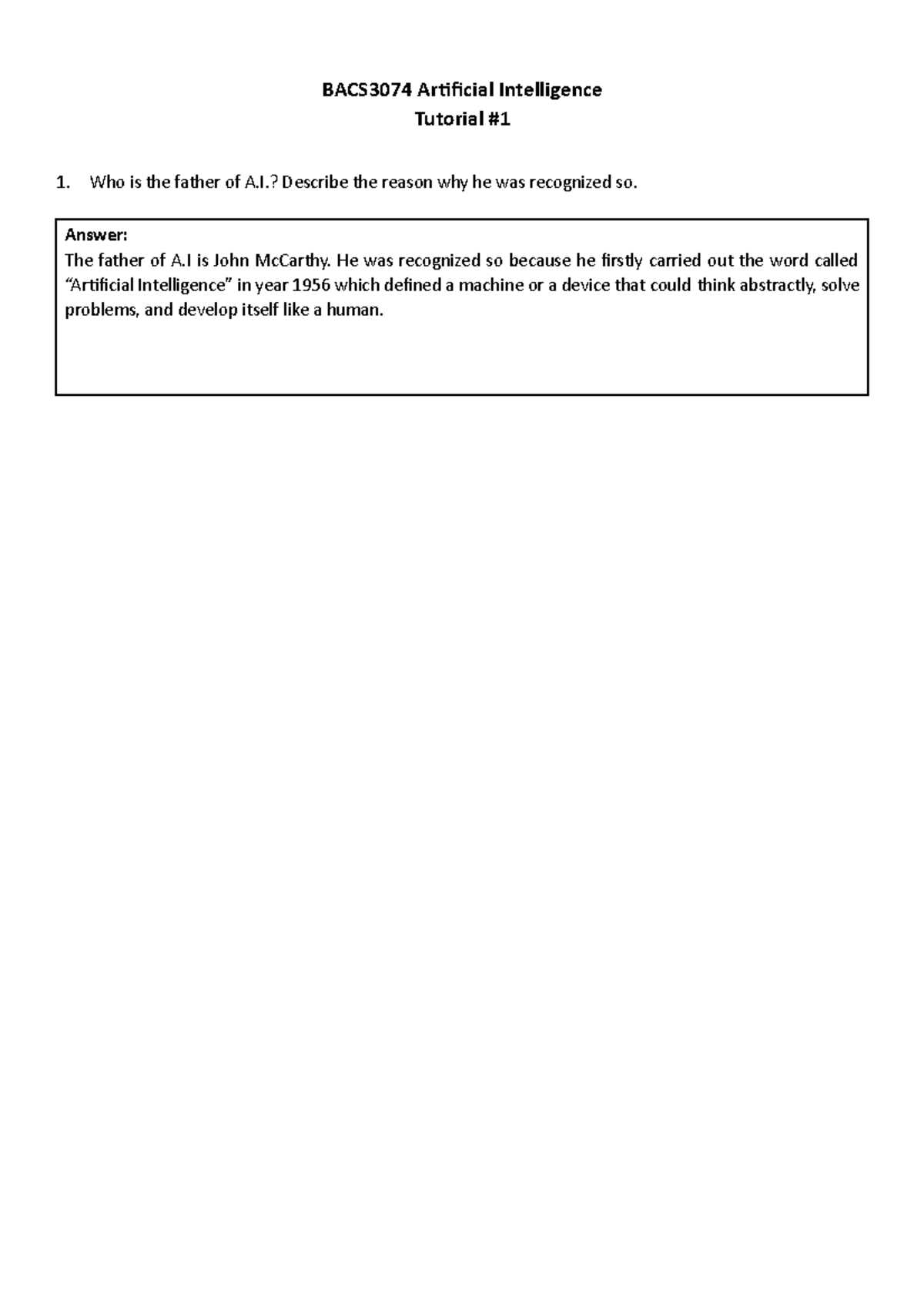 BACS3074 Tutorial 1: Key Concepts in Artificial Intelligence - Studocu