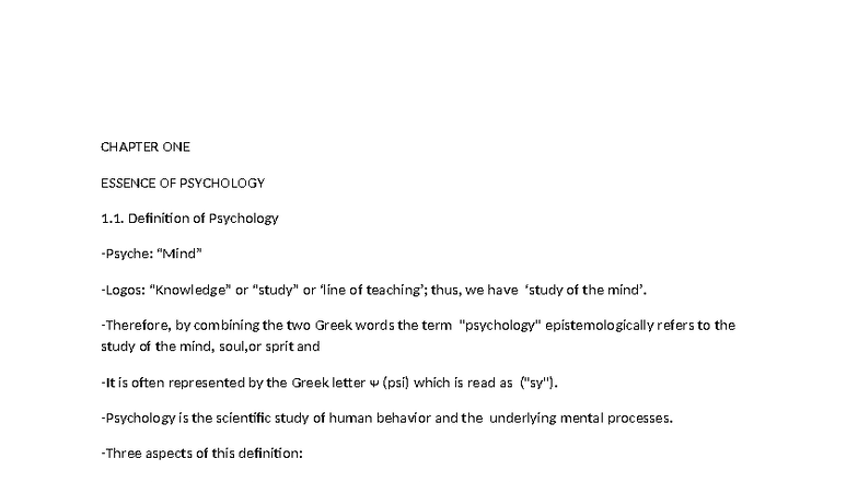 CHAPTER 1: ESSENCE OF PSYCHOLOGY - DEFINITION & BEHAVIOR - Studocu