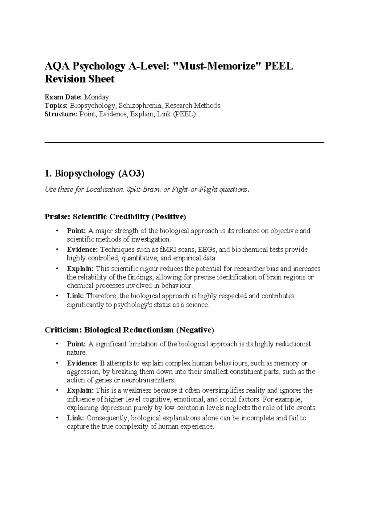 AQA Psychology A-Level PEEL Revision Sheet for Exam Preparation - Studocu