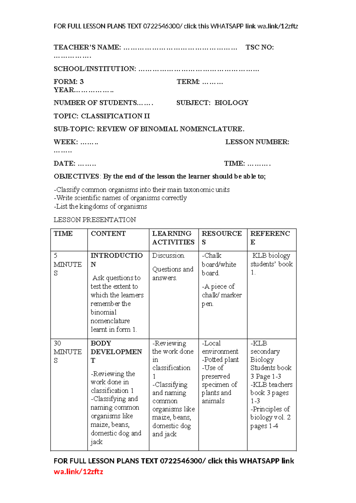 Biology Lesson Plans for Form 3: Classification II Topics - Studocu
