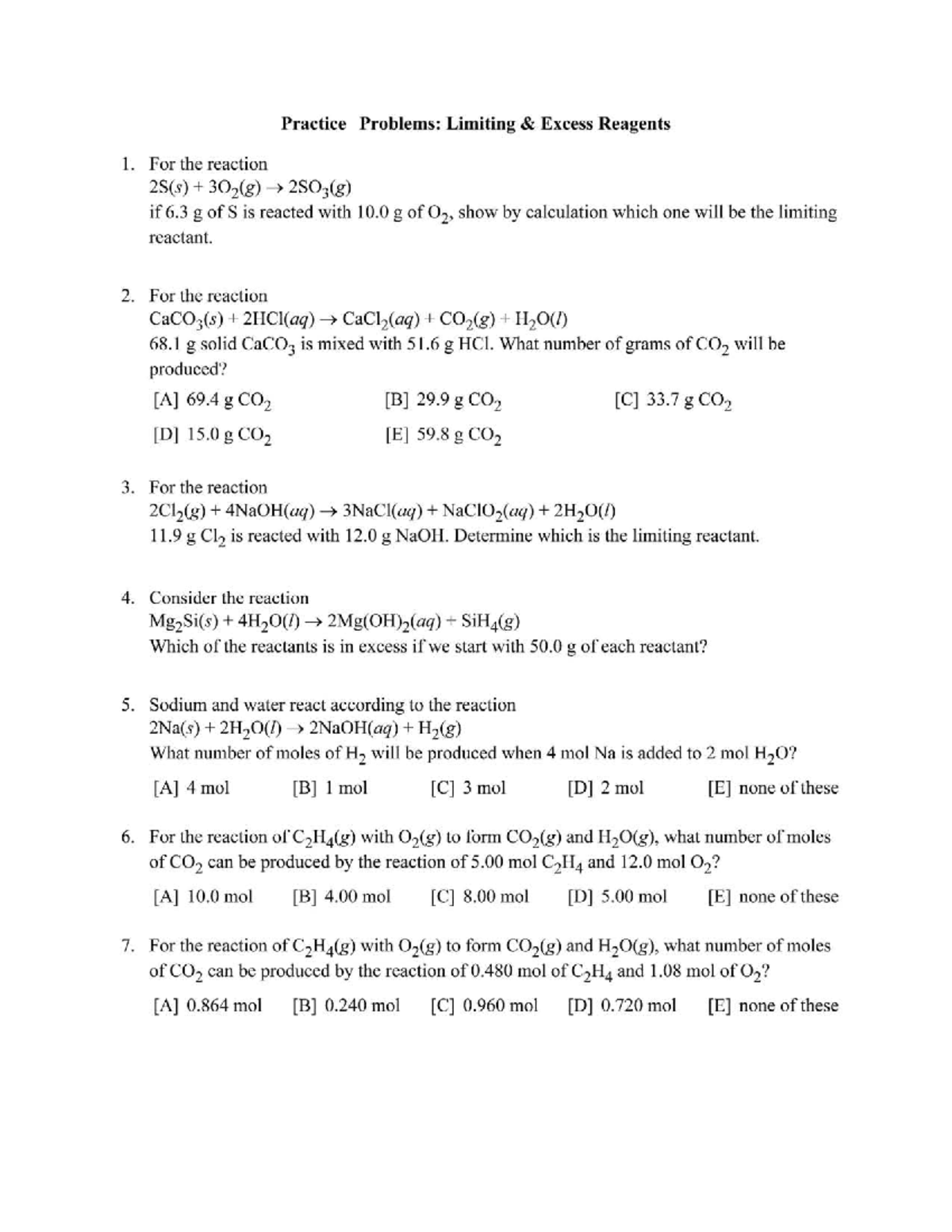 Limiting & Excess Reagents Practice Problems Wksht & Answers - Studocu