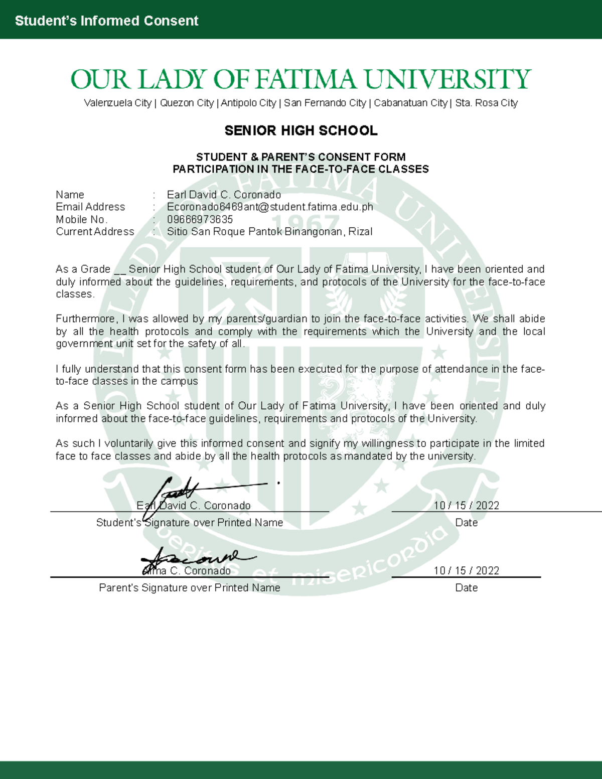 Informed- Consent-SHS - SENIOR HIGH SCHOOL STUDENT & PARENT’S CONSENT ...