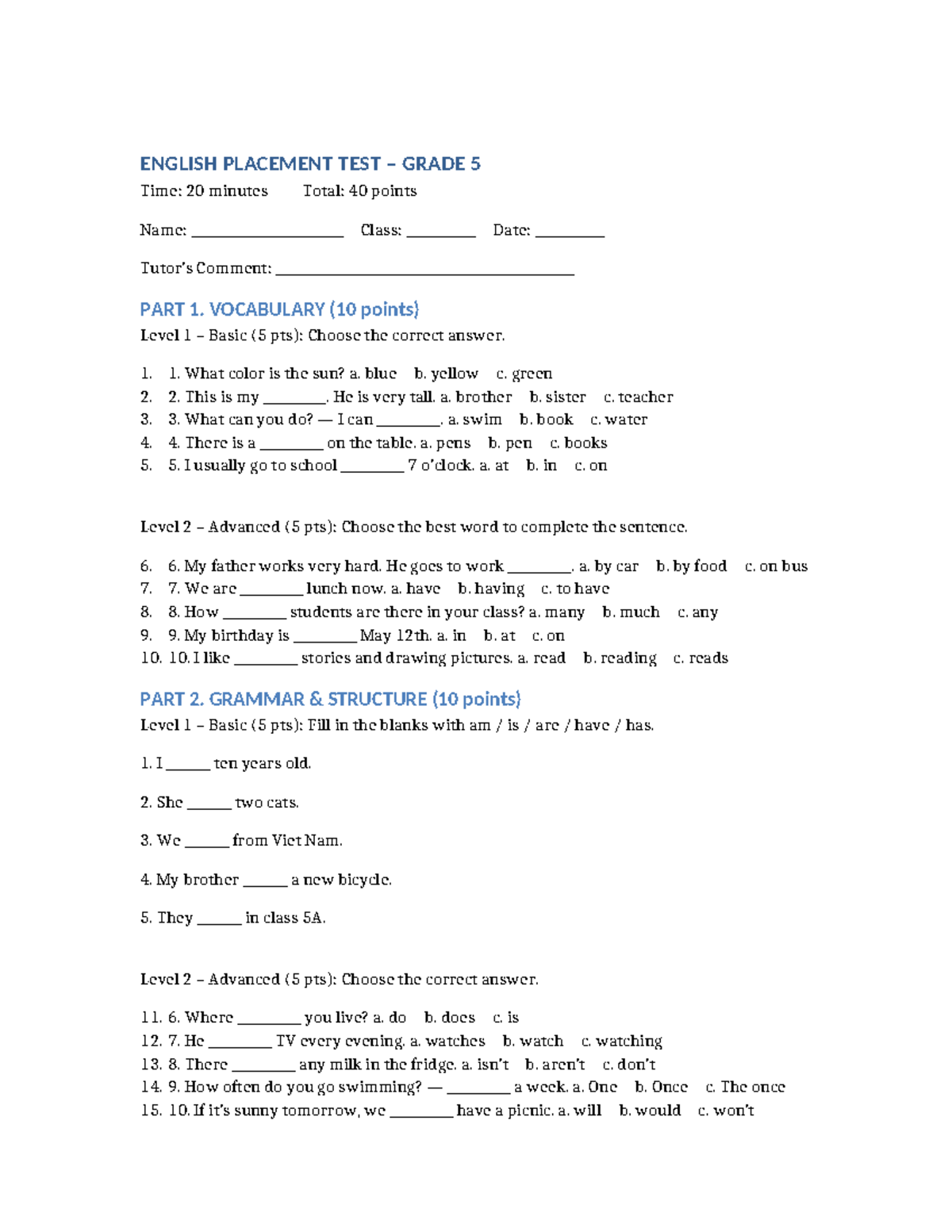 ENGLISH PLACEMENT TEST GRADE 5: Vocabulary, Grammar, Reading & Writing ...