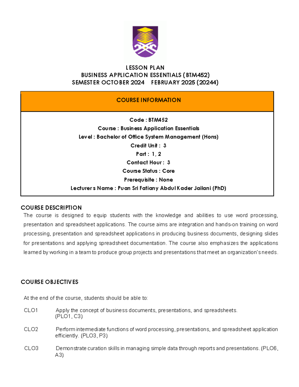 BTM452 Lesson Plan: Business Application Essentials (Oct 2024 - Feb ...