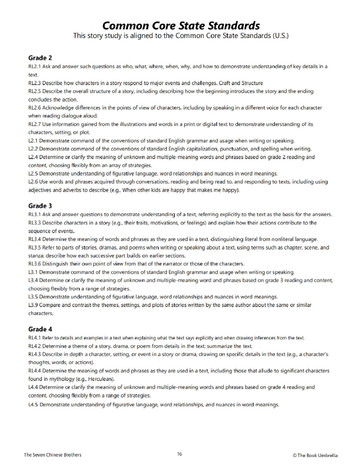 The Seven Chinese Brothers Story Study - Common Core Standards (Grade 2 ...