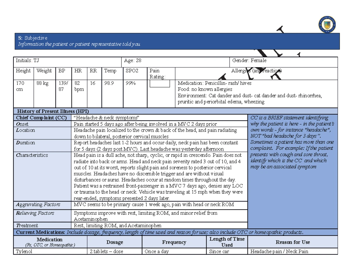 TINA JONES NEURO SOAP NOTE - SHADOW HEALTH DCE 94% Documentation - Studocu