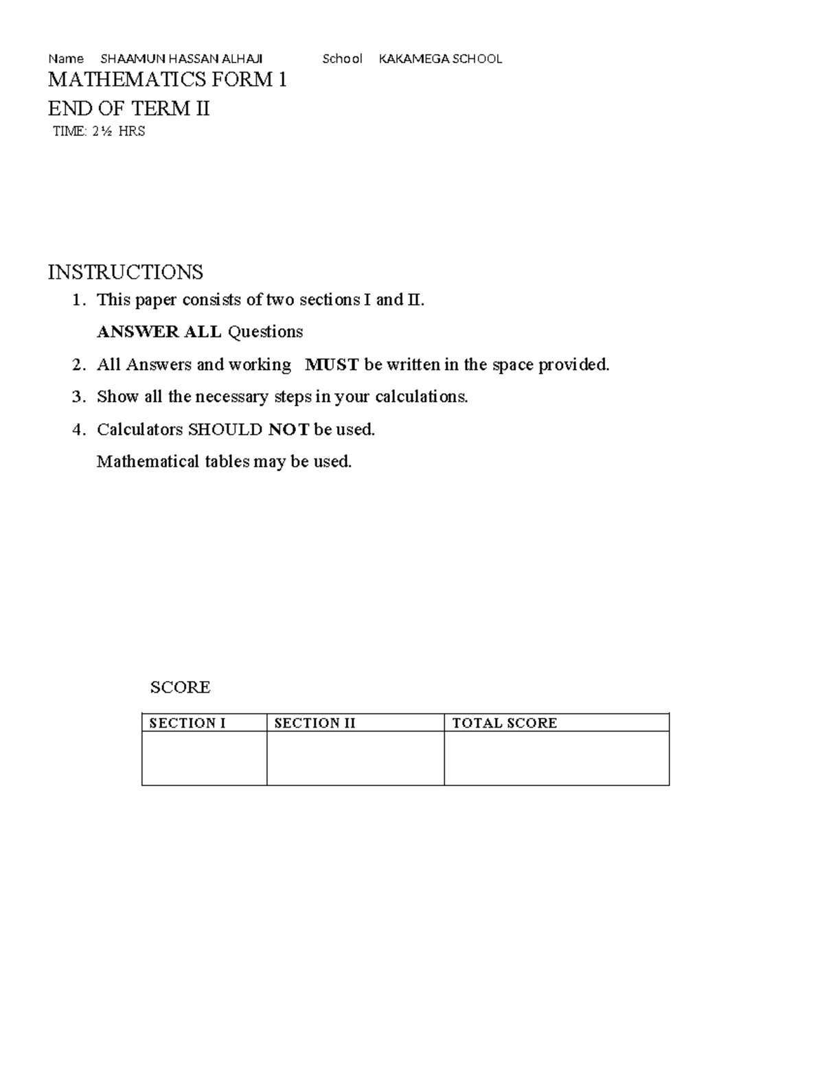 Mathematics Form 1 - End of Term II Exam Questions - Studocu