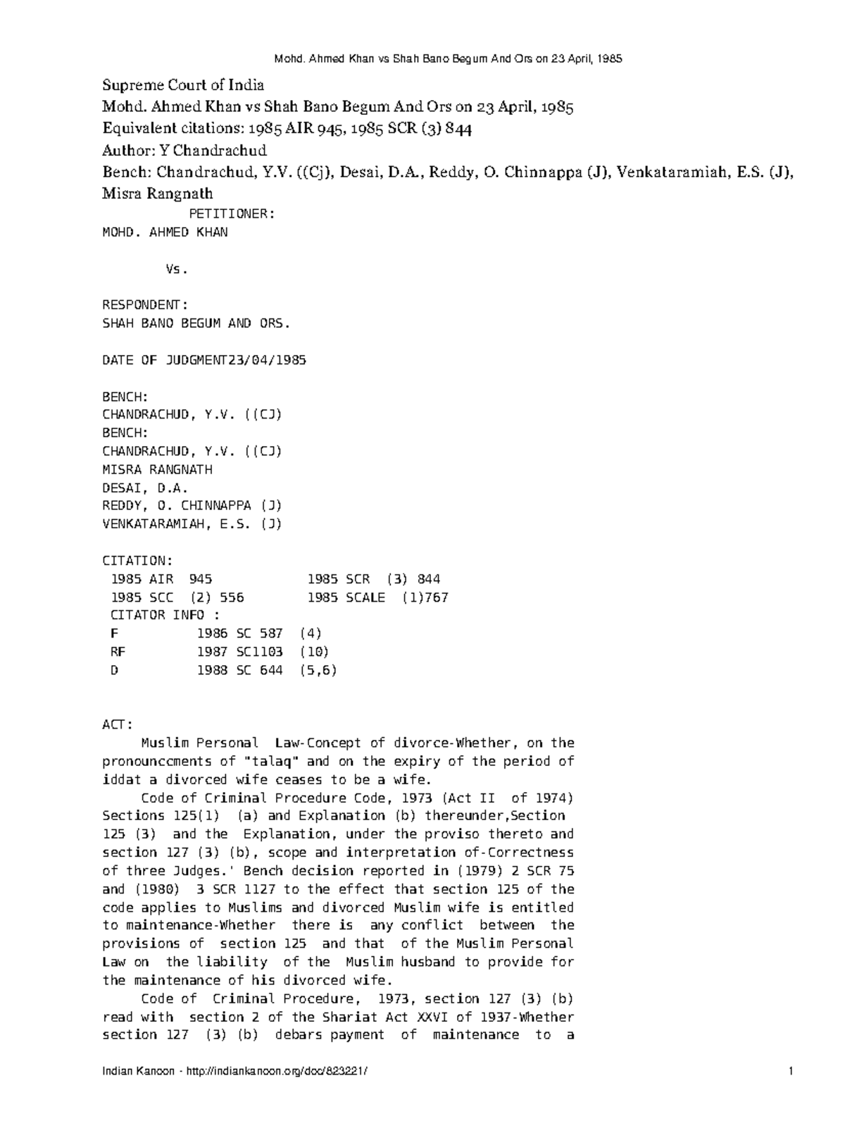 Mohd. Ahmed Khan vs Shah Bano Begum: Supreme Court Judgment Analysis ...