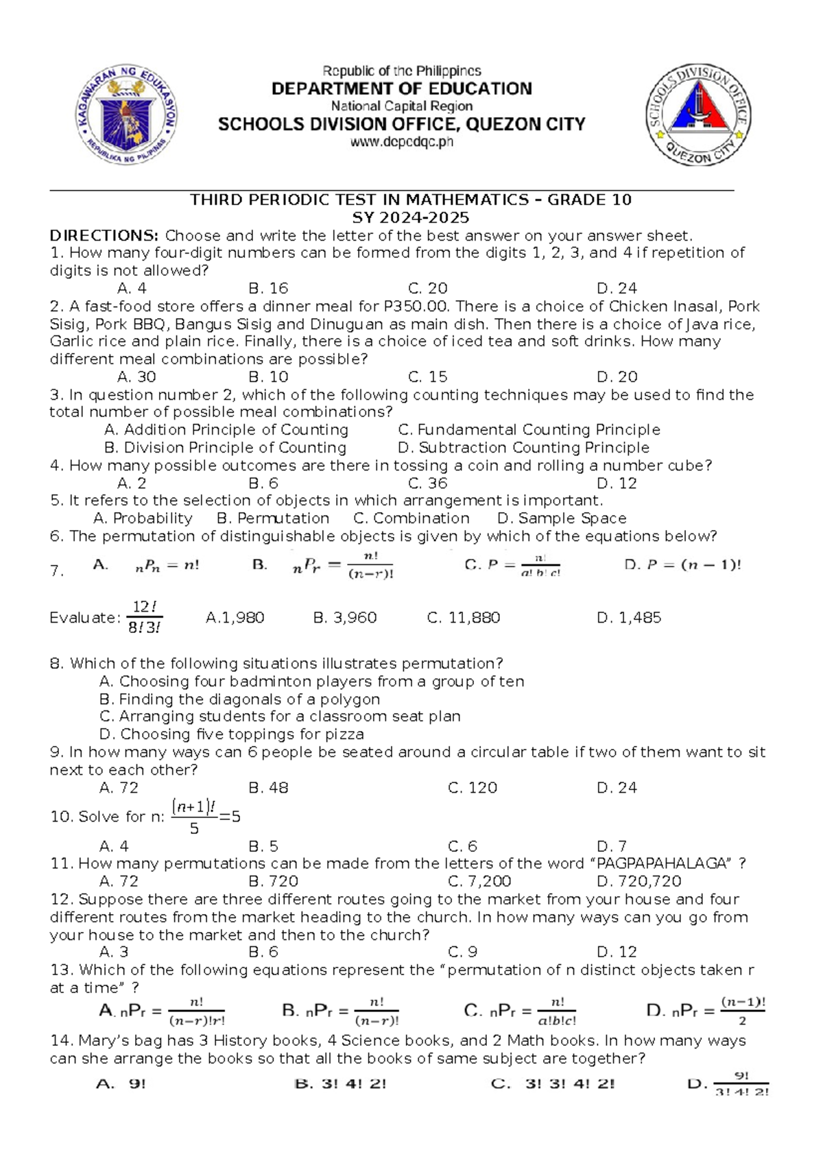 Third Periodic Test-SET 2 with answer key - - Studocu