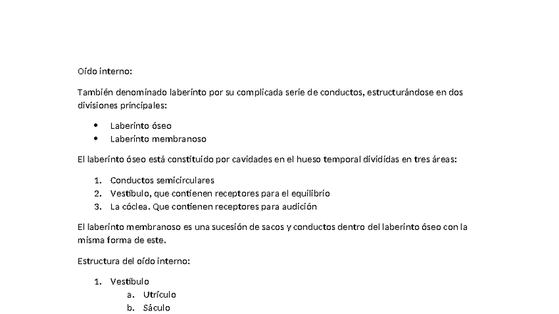 Oído Interno: Anatomía y Estructura del Laberinto - Studocu