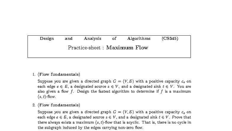Practice Sheet on Maximum Flow (CS345) - Studocu