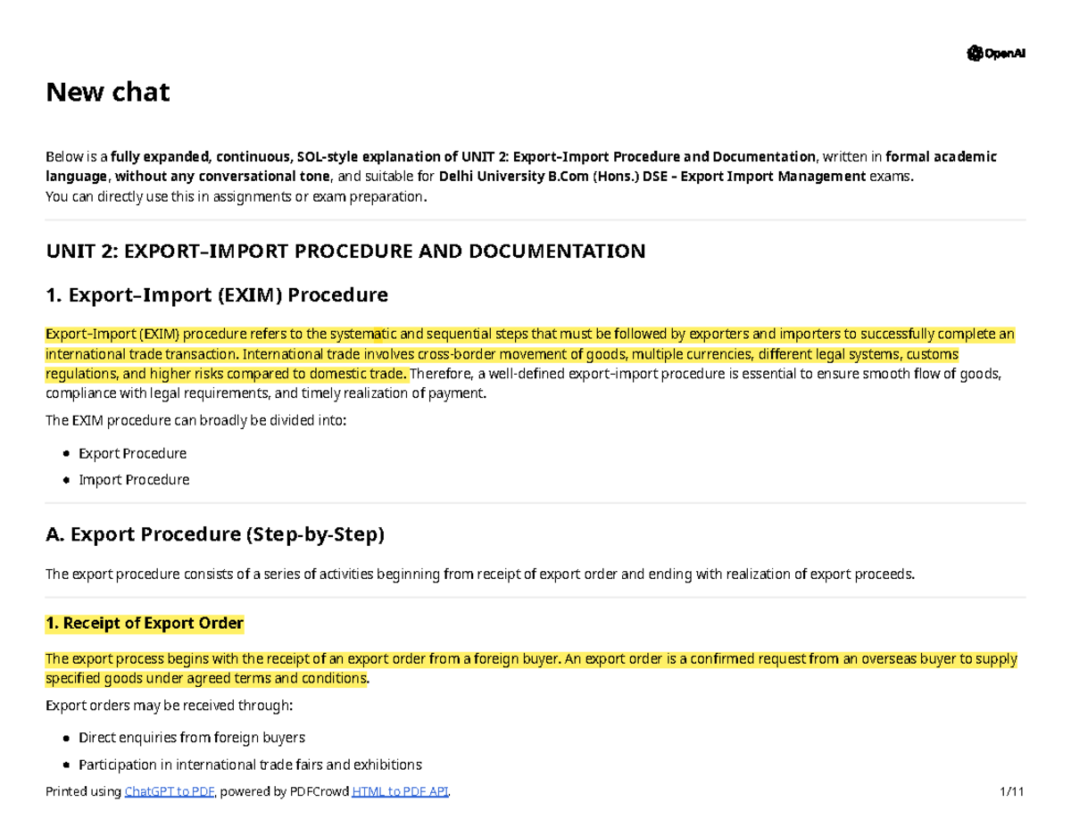 B.Com (Hons.) DSE EXIM Management: Unit 2 - Procedure & Documentation ...
