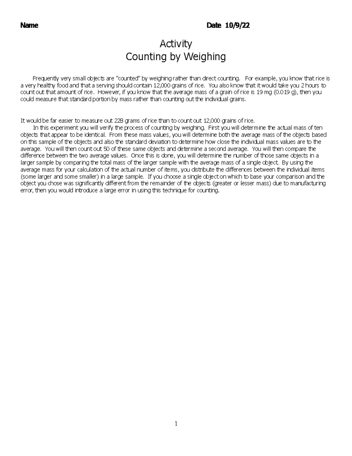 Activity: Prelab - Counting by Weighing in Science Experiment - Studocu