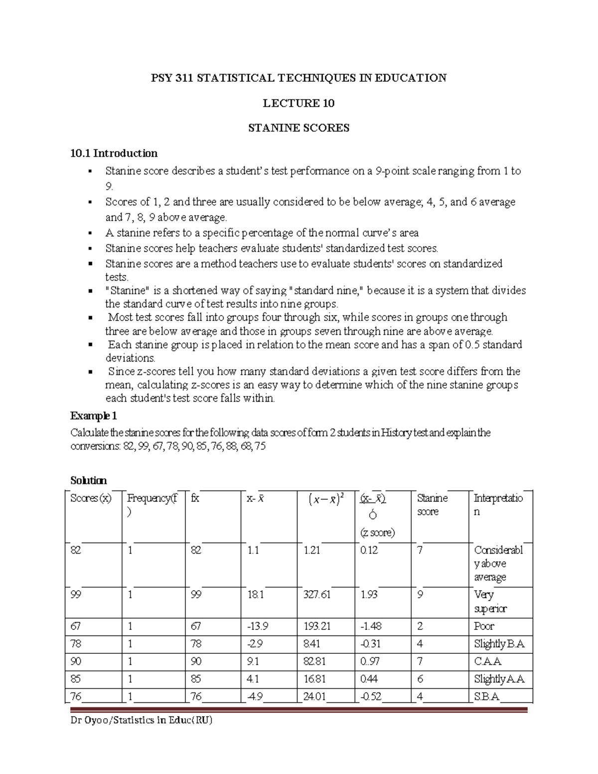 PSY 311 LECTURE 10: UNDERSTANDING STANINE SCORES IN EDUCATION - Studocu