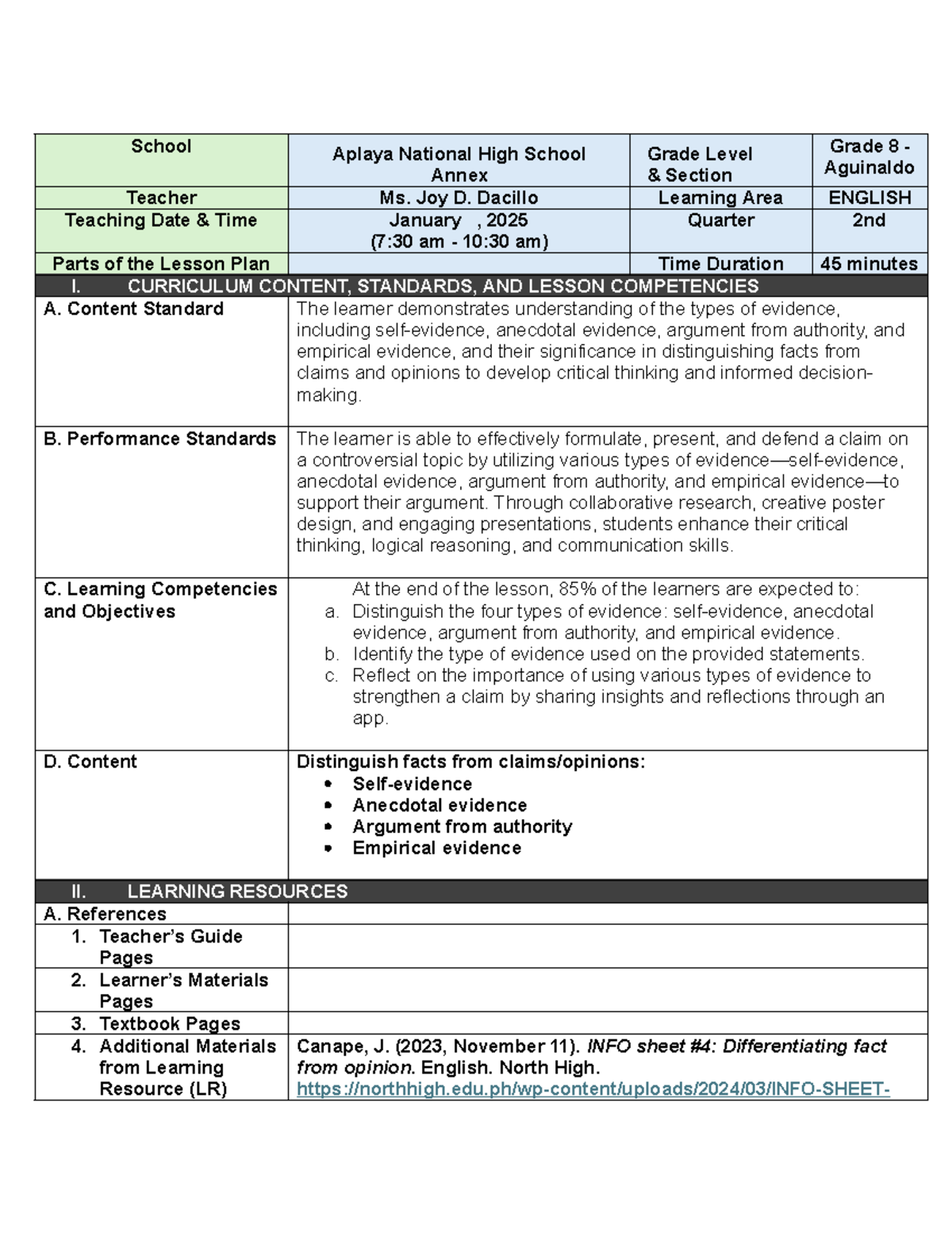 Grade 8 - Aguinaldo English Lesson Plan: Types of Evidence & Claims ...