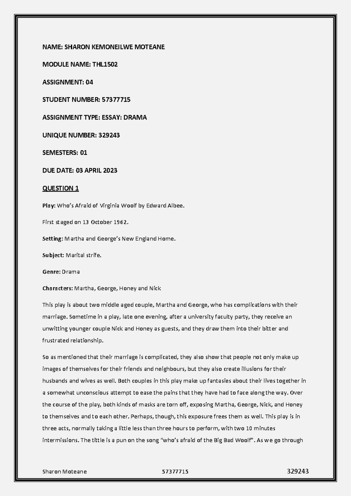 THL1502 Essay: Analyzing Themes in "Afraid of Virginia Woolf" - Studocu