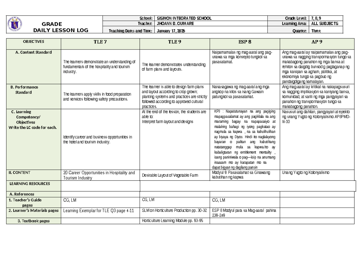 TLE 7 Daily Lesson Log: Farm Planning & Hospitality Concepts - Studocu