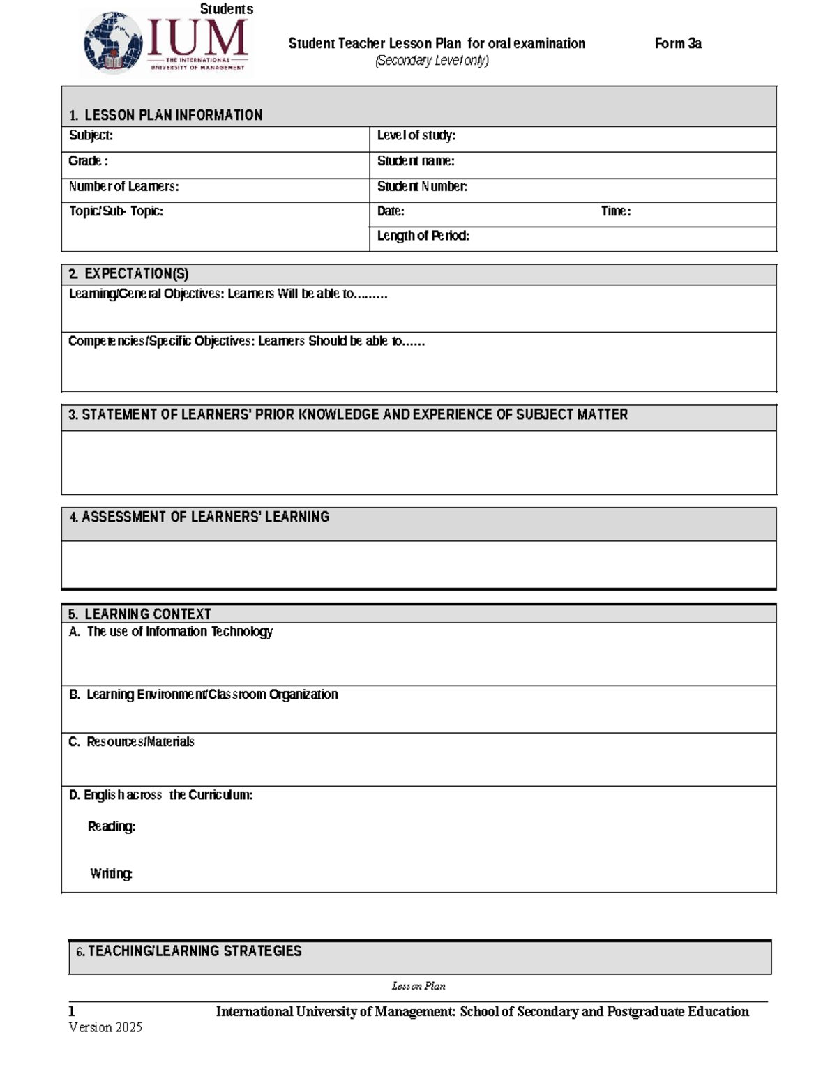 Form 3a Student-Teacher Lesson Plan for Oral Exam - Studocu