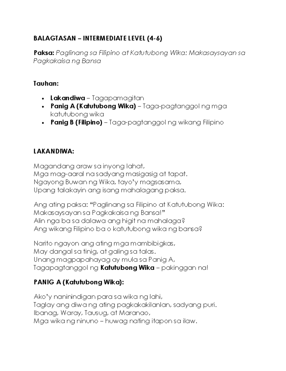 Balagtasan Script: Paglinang sa Filipino at Katutubong Wika - Studocu