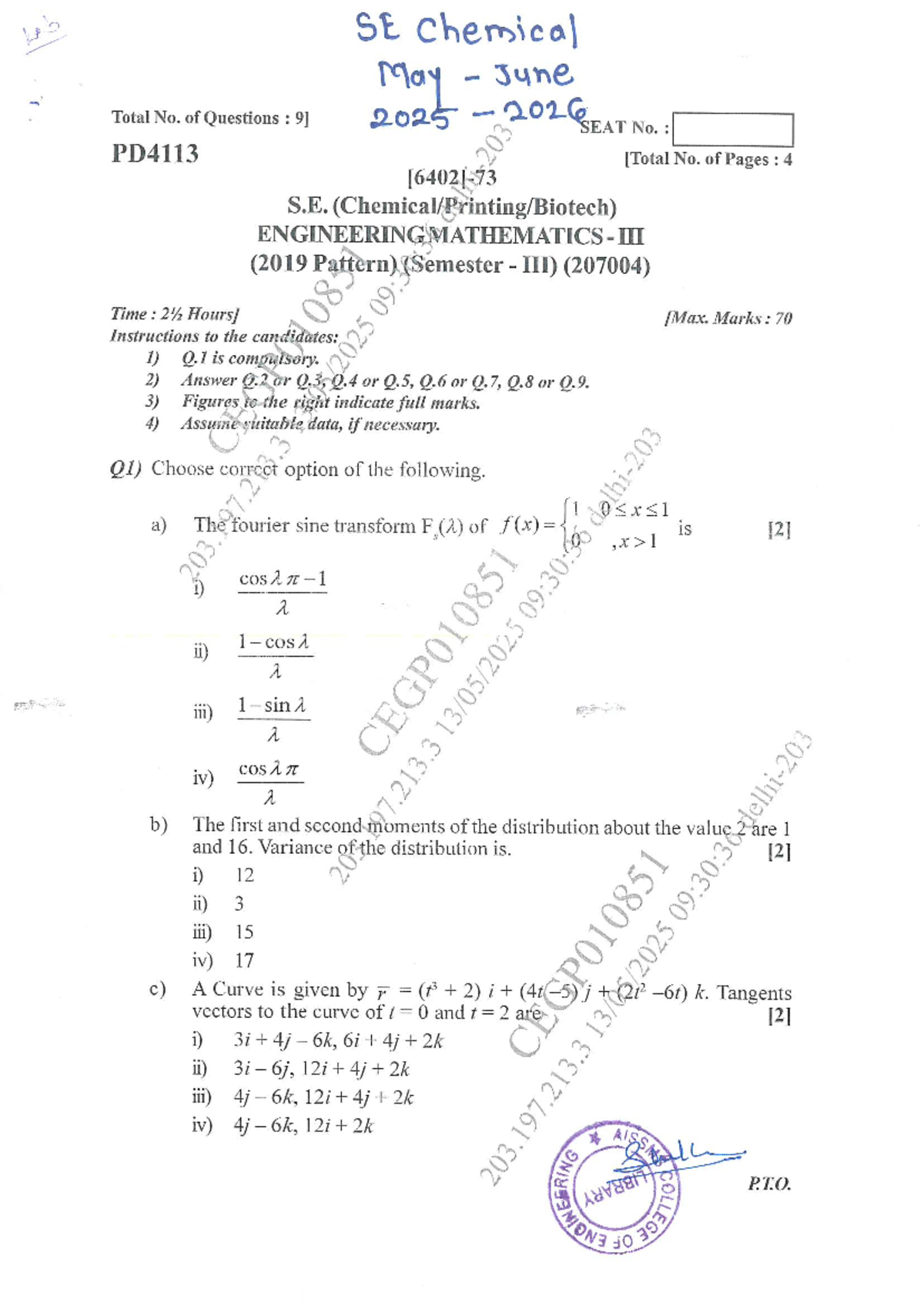 SE Chemical Question Paper: May-June 2025 Exam - Studocu