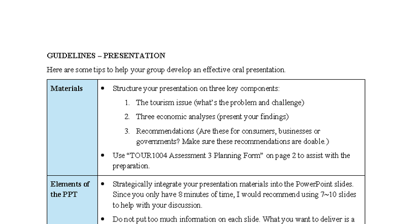 TOUR1004 Guidelines for Effective Oral Presentation Planning - Studocu