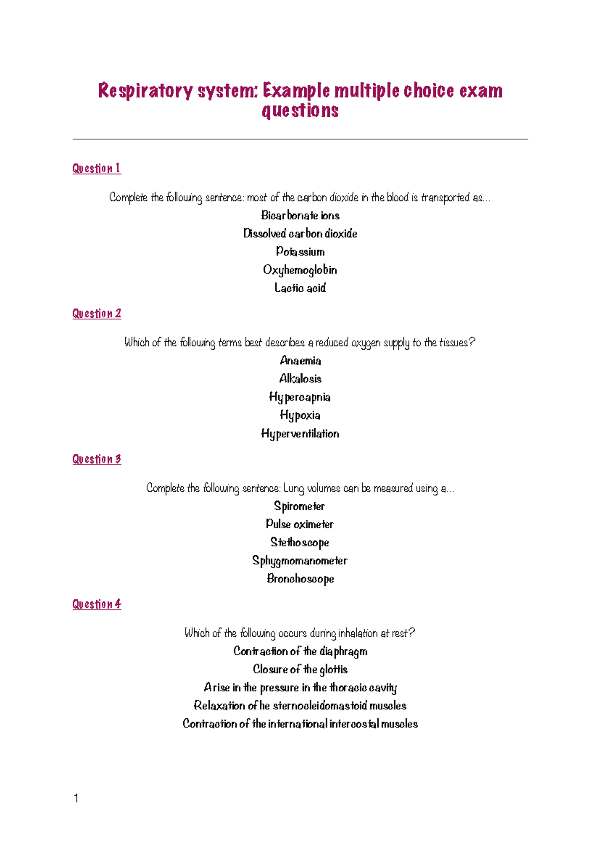 Respiratory System MCQ Exam Questions & Answers - Studocu