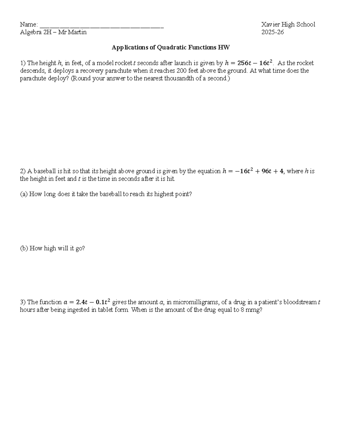 Algebra 2H: Quadratic Functions Applications HW Assignment - Studocu