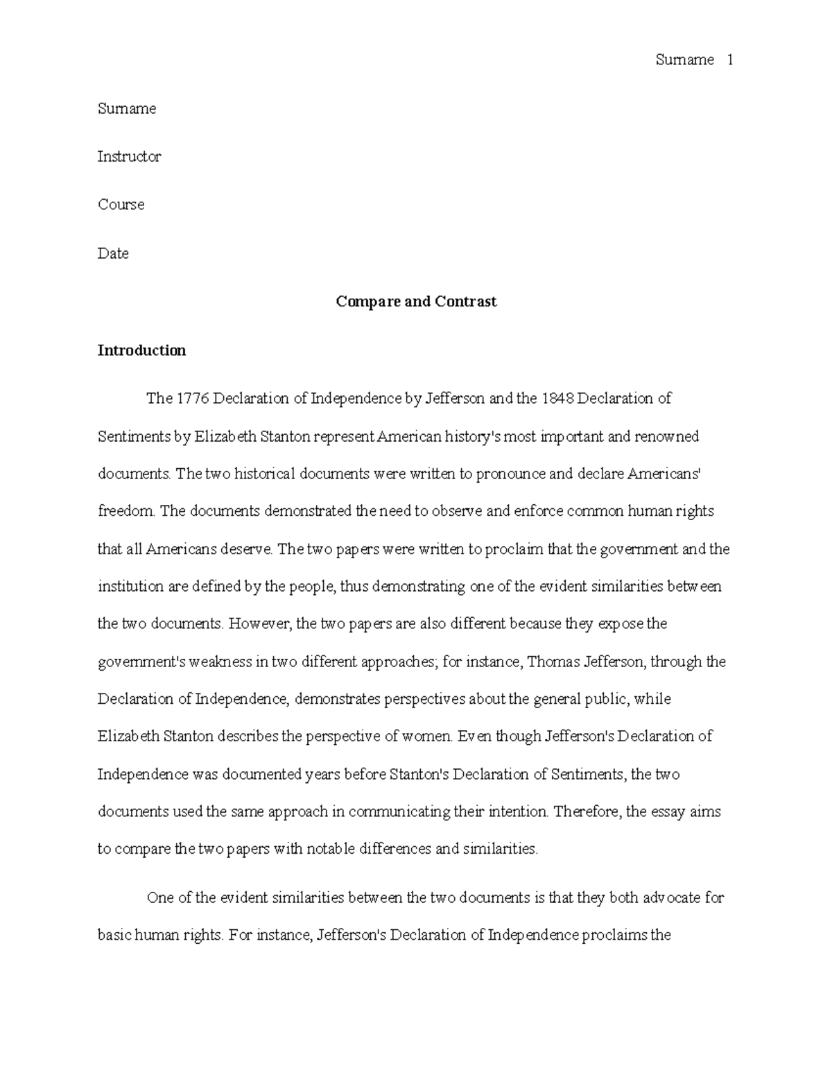 ENG 101: Compare and Contrast Jefferson's Declaration & Stanton's ...