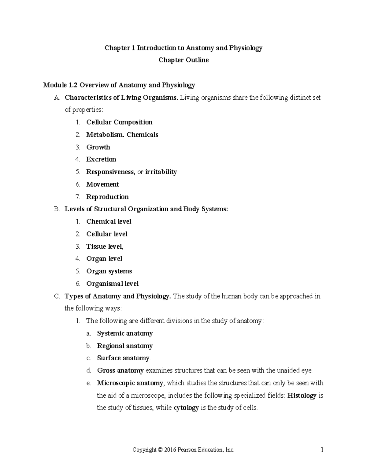 Anatomy & Physiology 101: Chapter 1 Outline - Student Version - Studocu