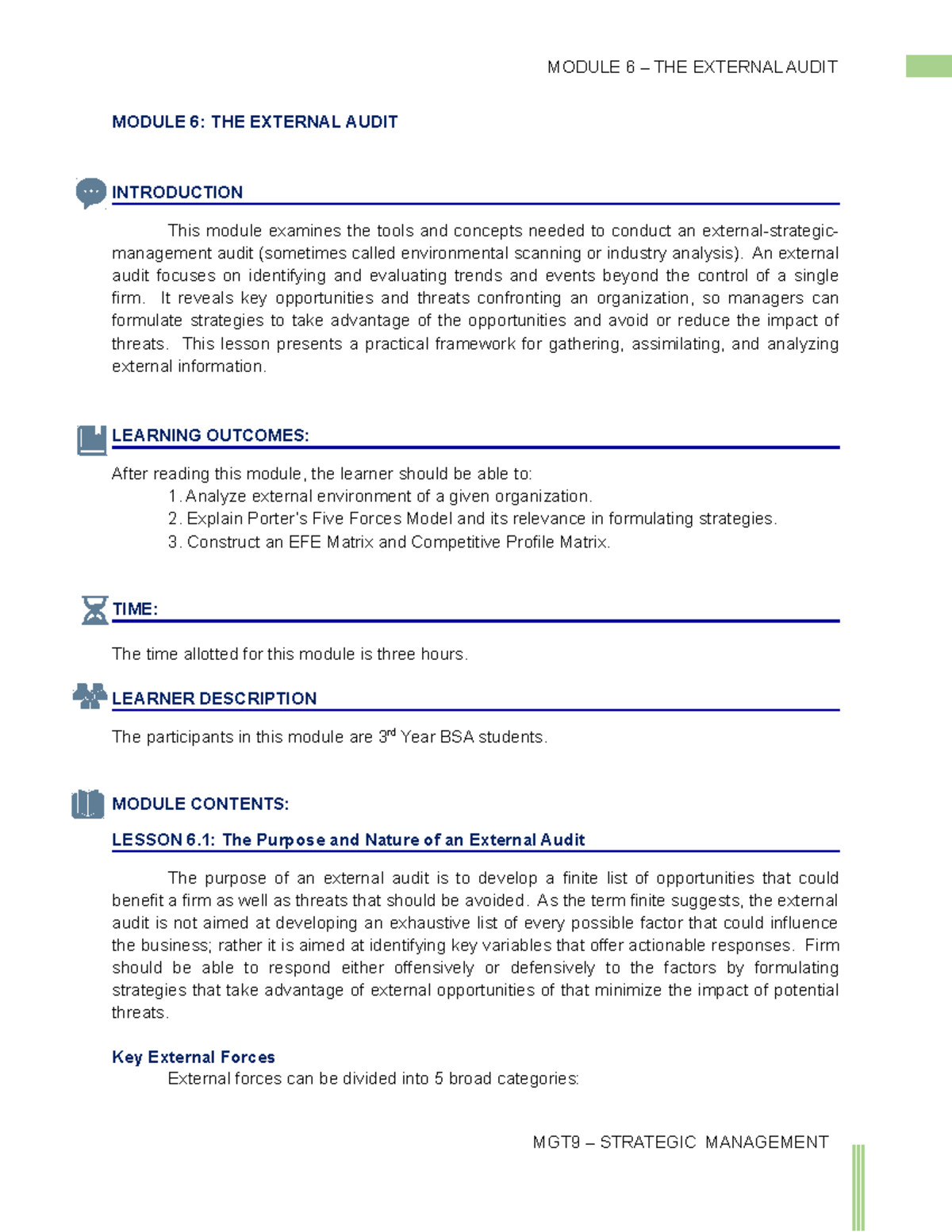 Chapter 6 - Strategic Management - MODULE 6: THE EXTERNAL AUDIT INTRODUCTION This module ...
