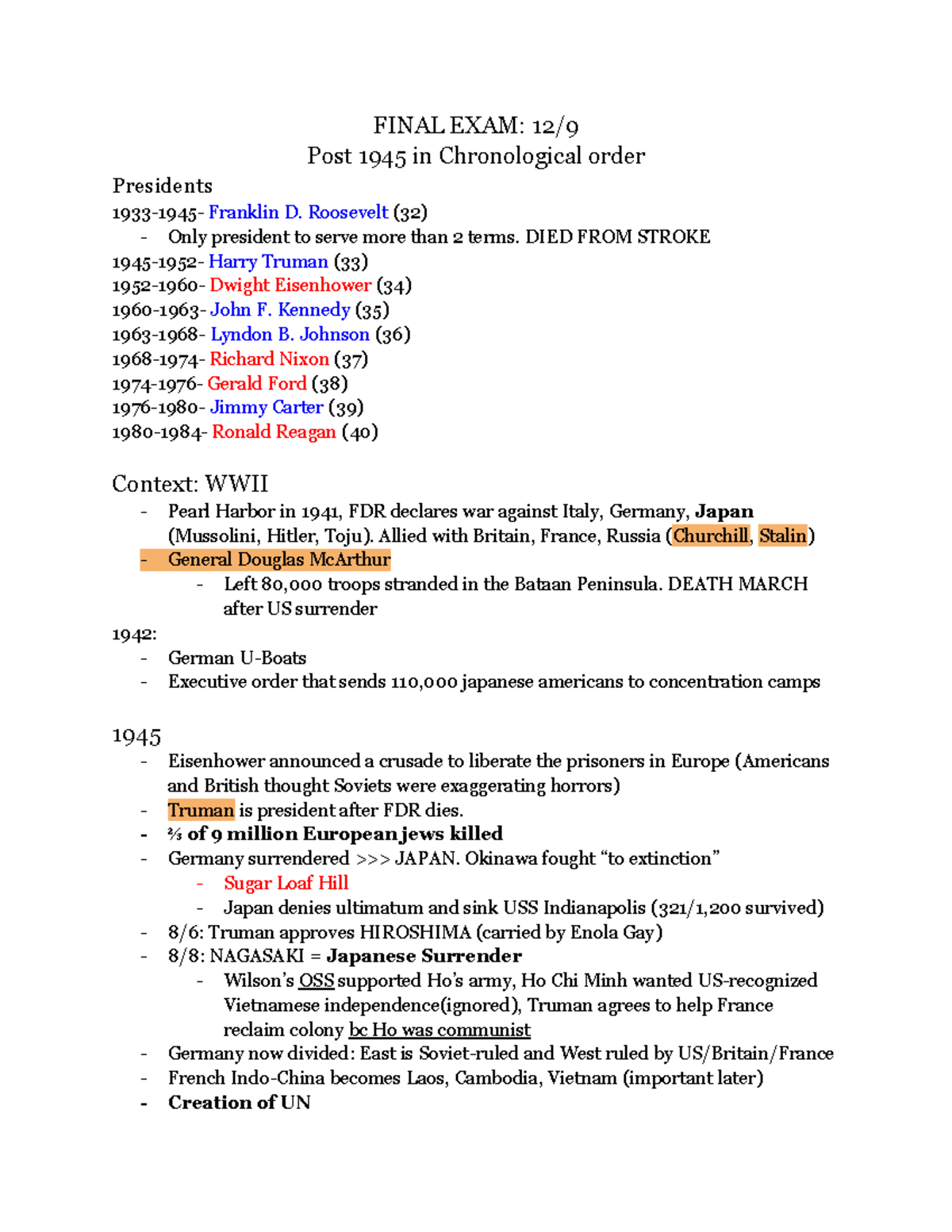 Final Exam Review: Post-1945 U.S. Presidents and Events - Studocu
