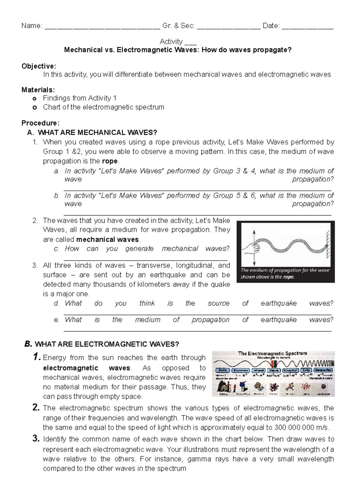 Activity Sheet: Mechanical vs. Electromagnetic Waves Analysis - Studocu