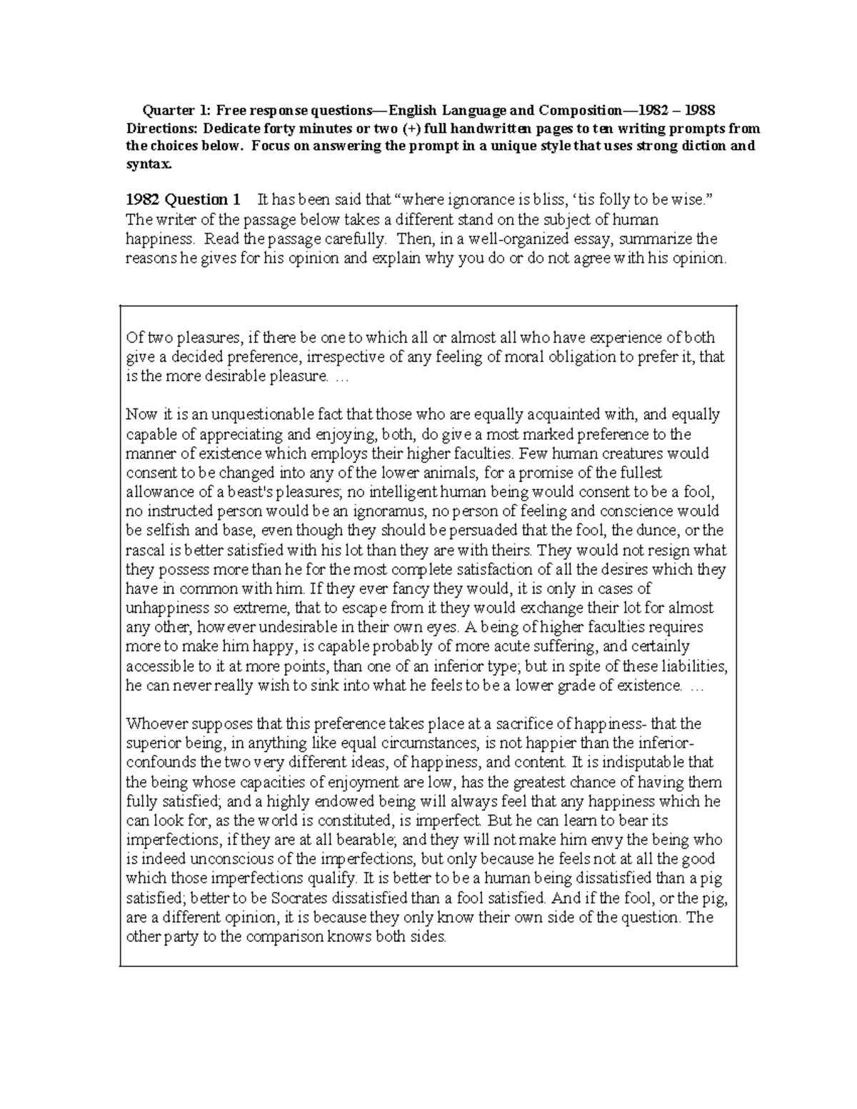AP Language & Composition: Q1 Free Response Prompts Analysis - Studocu